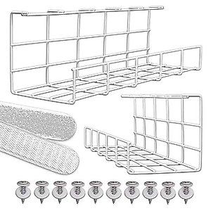 Under Desk Cable Management Tray - Under Desk Cable Organizer for Wire Management. Super Sturdy Desk Cable Tray. Perfect Standing Desk Cable Management Rack (White Wire Tray - Set of 2X 16'')