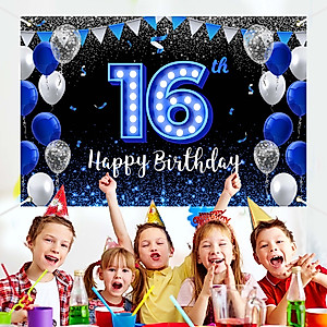Happy 16th Birthday Backdrop Banner Blue Black Theme Background With Blue Neon Light Shiny Fashion Birthday Party Photo Photography Prop Booth Background for Boys Girls Celebration 70.8x47.2in-BECKTEN