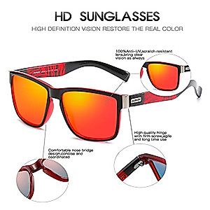 DUBERY Vintage Polarized Sunglasses for Men Women Retro Square Sun Glasses D518 (Black&Red/Red)