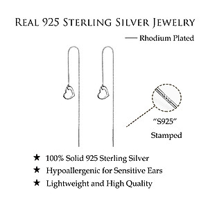 Reffeer Solid 925 Sterling Silver Love Heart Chain Dangle Earrings Tassel for Women Heart Dangle Earrings Threader Drops (A-Silver)