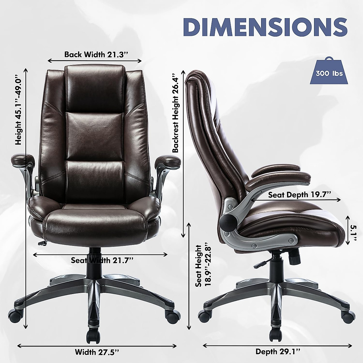 Executive Office Chair High Back-Ergonomic Desk Chair Bonded Leather Computer Chair with Flip-up Arms, Adjustable Tilt Tension, Padded Armrests, Swivel Rolling Home Office Desk Chair-Brown, 300lbs