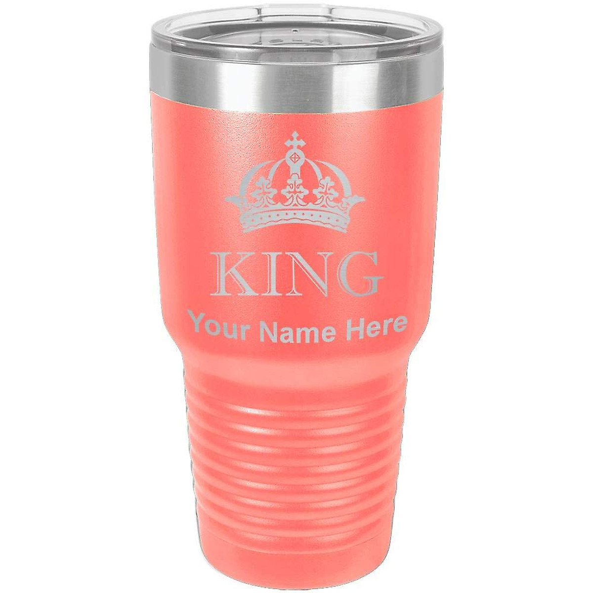 LaserGram 30oz Vacuum Insulated Tumbler Mug, King Crown, Personalized Engraving Included (Coral)