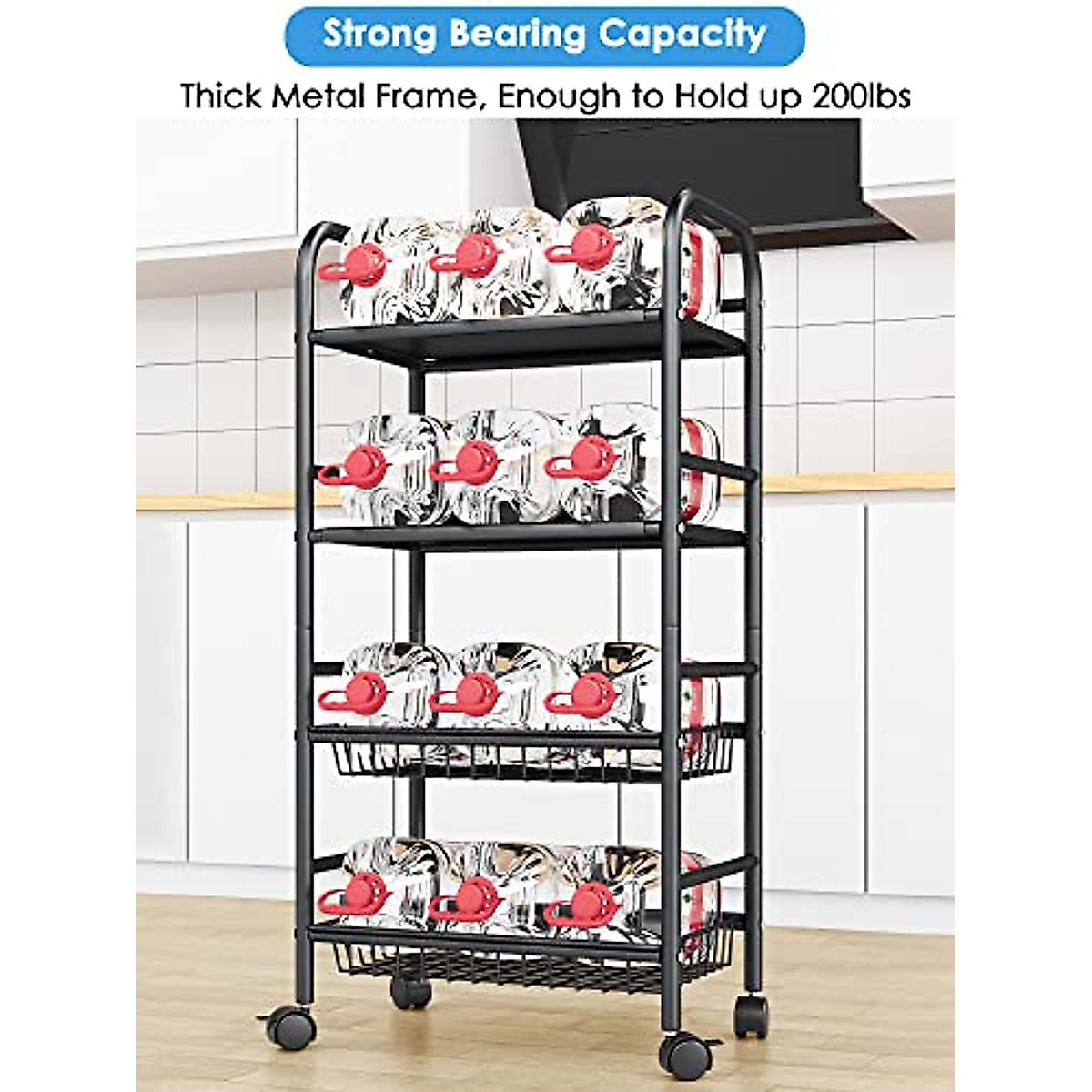 SZCSHOOL Microwave Cart, Rolling Cart Organizer Large Capacity, Microwave Cart with Storage, 4 Tier Rolling Cart, Metal Rolling Kitchen Cart, Rolling Storage Cart Sturdiness, Kitchen Storage Cart