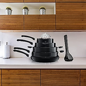 NutriChef Kitchenware Cookware, Non-Stick Pans and Pots with foldable Knob, Space Saving, Stackable, Nylon Tools, Induction Base, Black (17-Piece Set), One Size