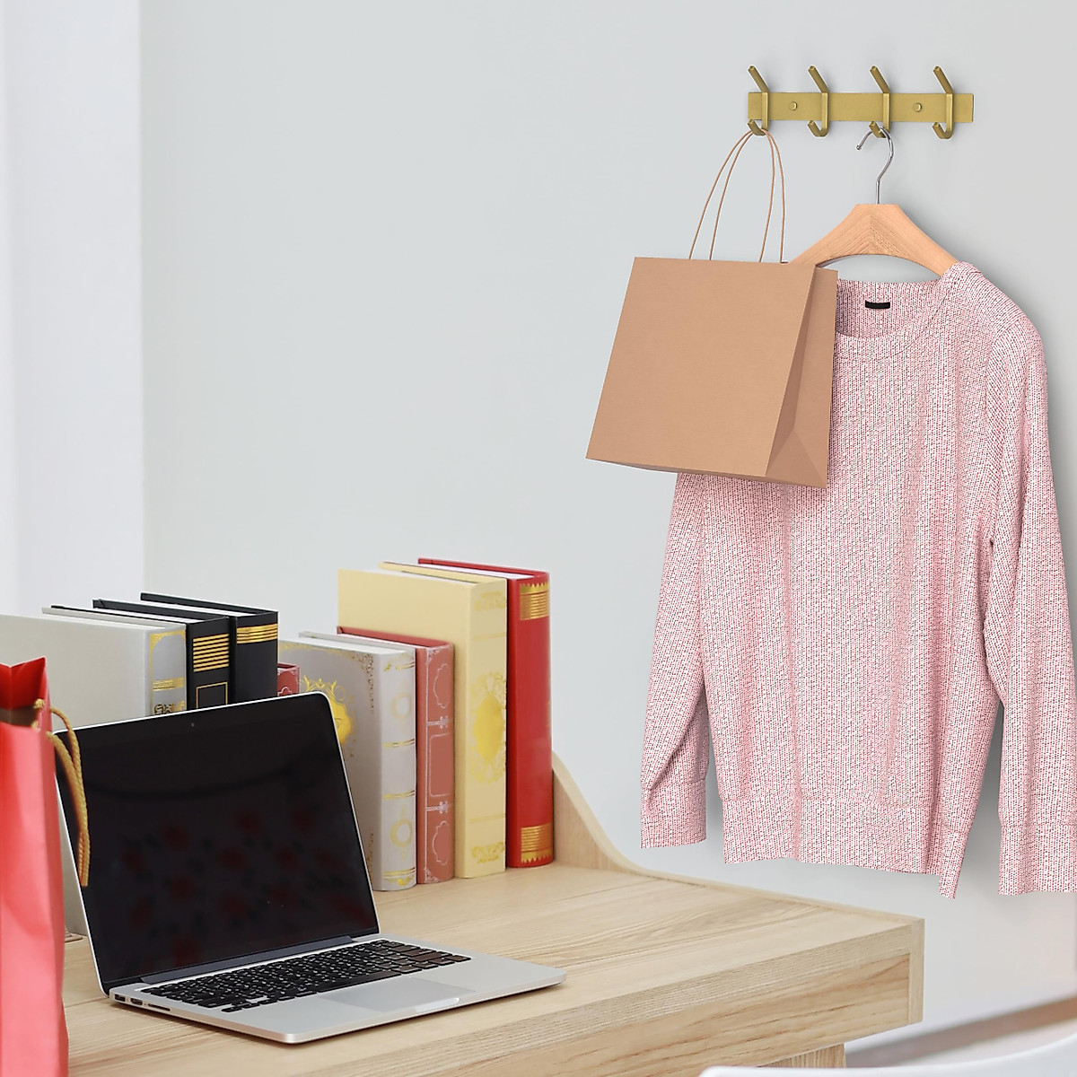 SAYONEYES Brushed Gold Coat Rack Wall Mount with 4 Double Hooks for Hanging – 12 Inch Heavy Duty SUS304 Stainless Steel Rustic Coat Hooks – Hat, Clothes, Purse, Towel Wall Hooks – 1 Pack