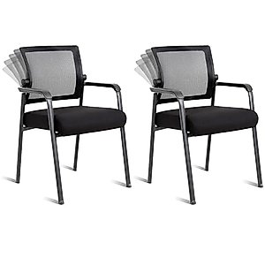 KLASIKA Desk Chair No Wheels with Adjustable Mesh Backrest, Arm Chair with Ergonomic Lumbar Support and Thickened Seats Cushion, Waiting Room Chairs for Office School Church Guest Reception, 2PACK