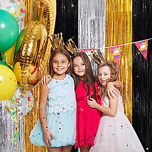 Black Gold Silver Metallic Tinsel Foil Fringe Curtains, 2 Pack 3.3x8.3 Feet Streamer Backdrop Curtains for Birthday Party Decorations, Halloween Decor, Foil Curtain Backdrop for Bachelorette Party