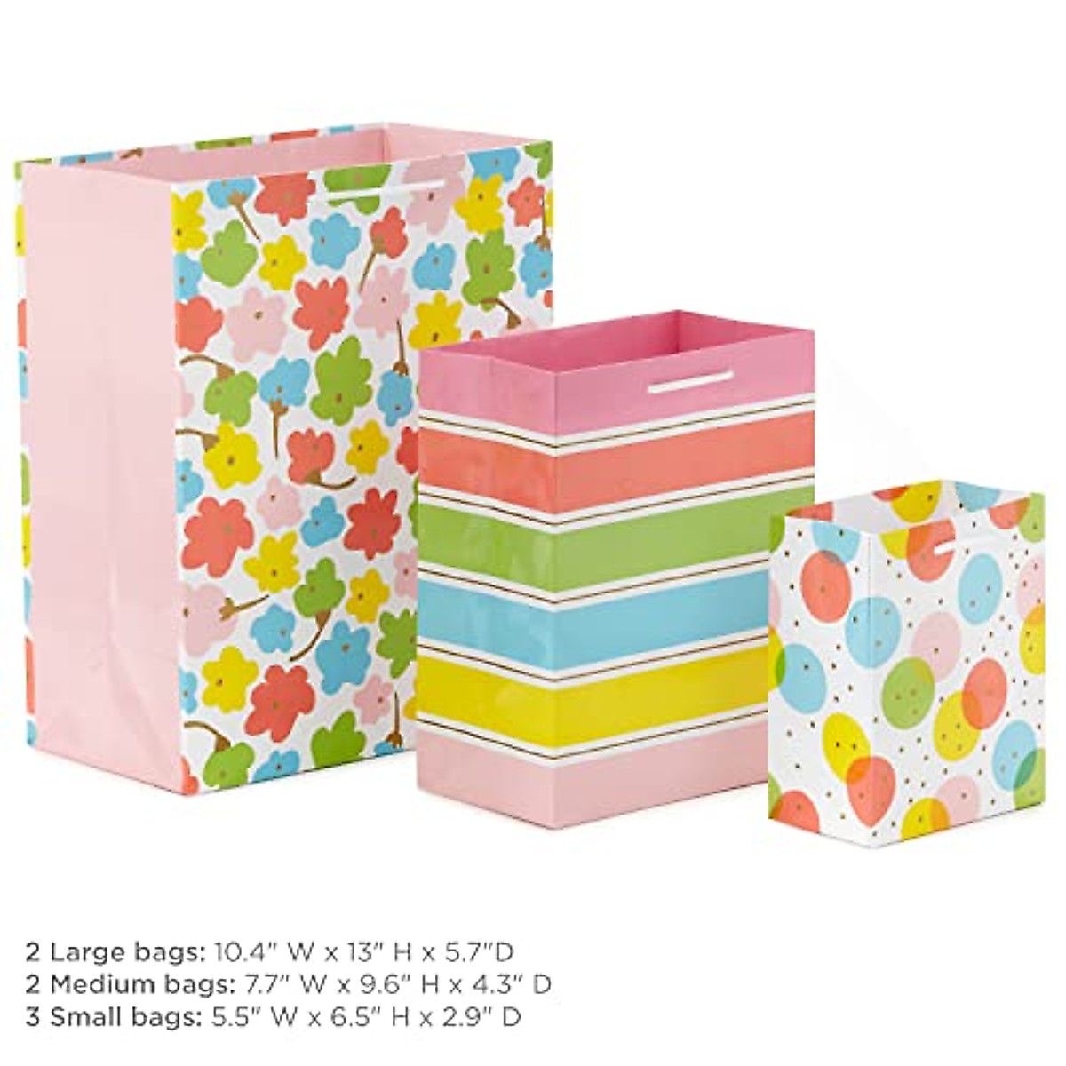 Hallmark Spring Gift Bags in Assorted Sizes (8 Bags: 3 Small 6", 3 Medium 9", 2 Large 13") Polka Dots, Rainbow Stripes, Flowers for Birthdays, Easter, Baby Showers, Gender Reveal Parties