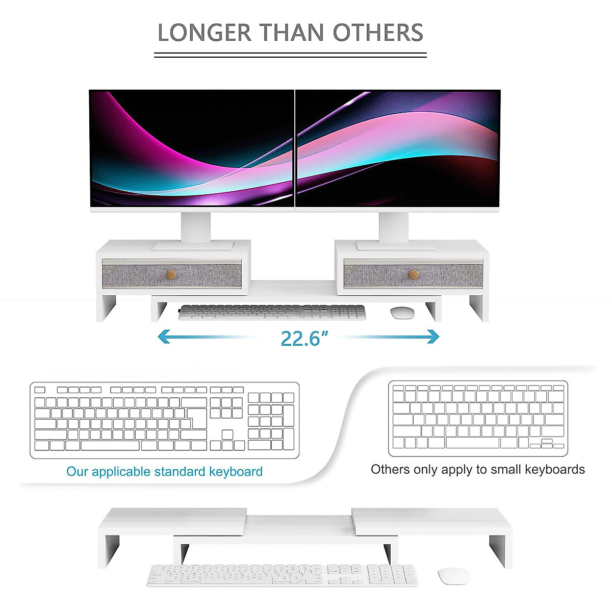 LAPTAIN Dual Monitor Stand Riser with 2 Drawers, Screen Stand with Adjustable Length and Angle, Desktop Organizer Stand for Laptop Computer/TV/PC