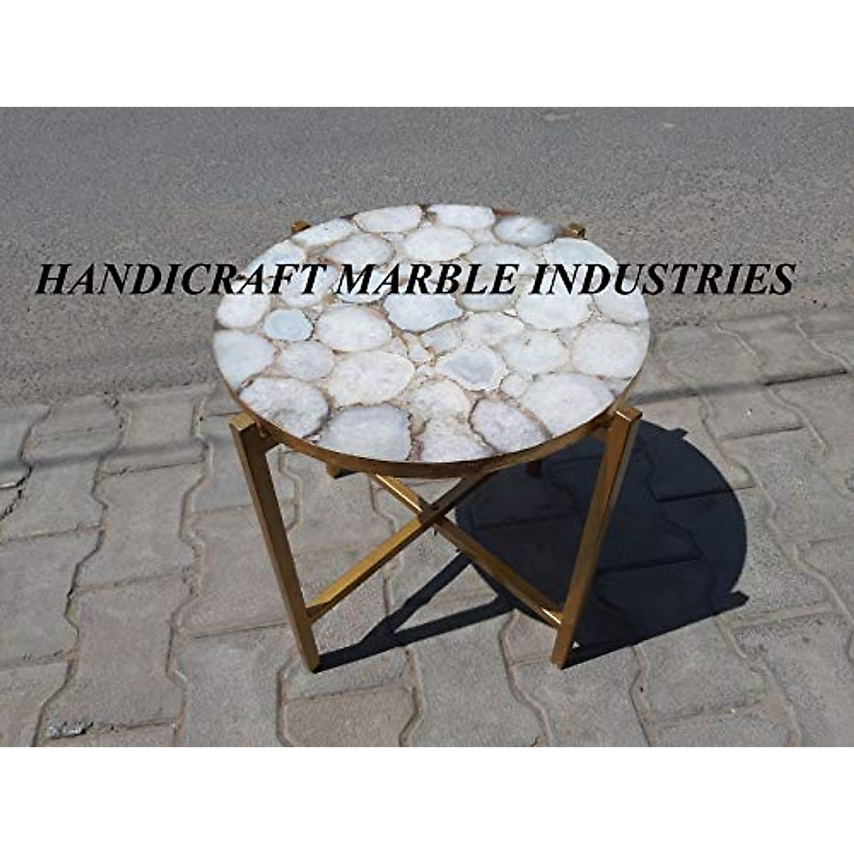 Natural White Agate Stone Round 21" x 21" Inch Table with Gold Foil Border & Metal Base, White Agate Stone Coffee Table & Metal Stand, White Agate Coffee Table, Piece Of Conversation, Family HeirLoom