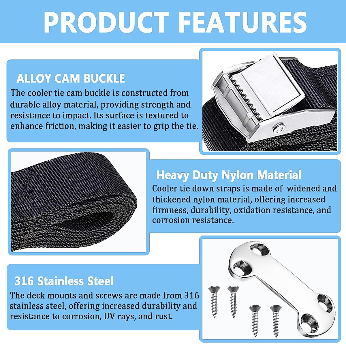 Cooler Tie Down Kit Compatible with RTIC YETI Coolers, Universal Cam Buckle Lashing Straps Prevent Sliding in Ship Deck Truck Chassis Trailers