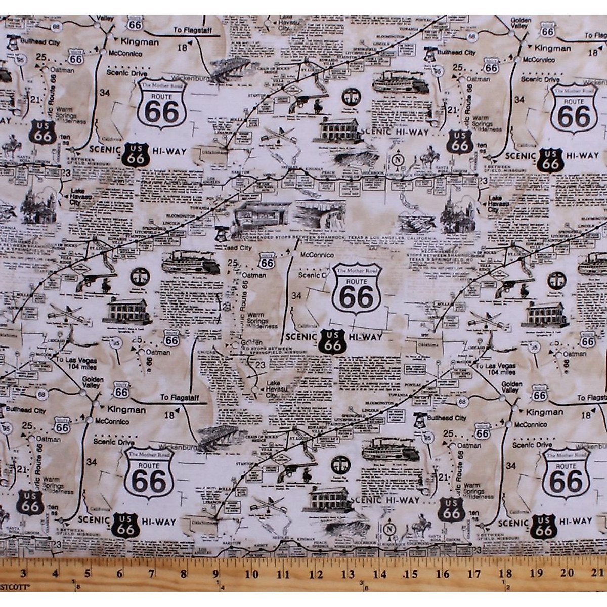 Cotton Vintage Route 66 Map Newspaper Print Road Signs Roads Road Trip Travel Cotton Fabric Print by The Yard (C7529)