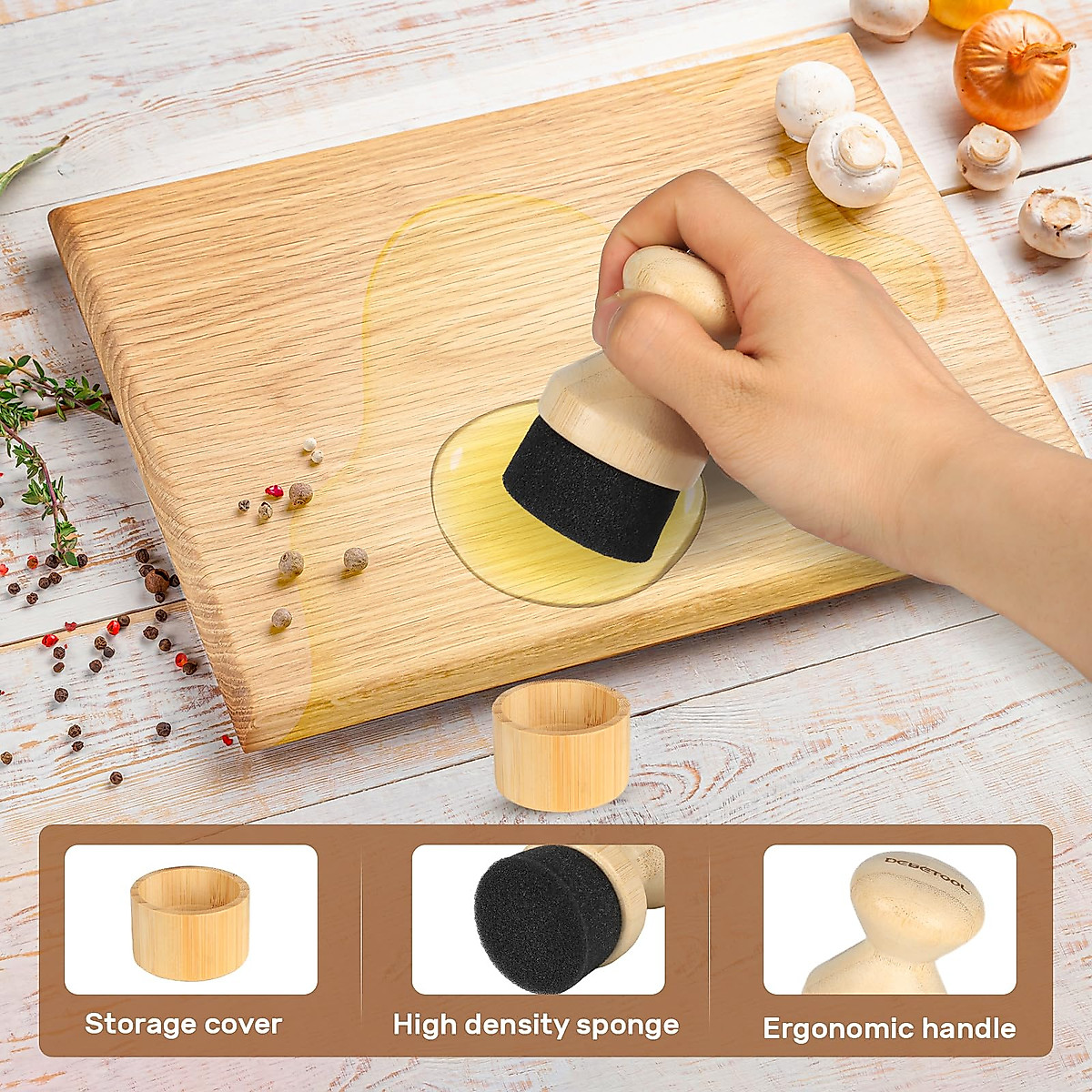 DEBETOOL Cutting Board Oil & Wax Applicator with Lid, Food Grade Mineral Oil & Wax Applicator for Wooden Cutting Board - Natural Bamboo Applicator for Butcher Blocks, Spatula，Spoon and Utensils