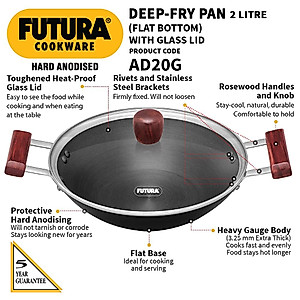 FUTURA Hawkins 2 Litre Deep Fry Pan with Glass Lid, Hard Anodised Kadai, Flat Bottom Kadhai, Black (AD20G