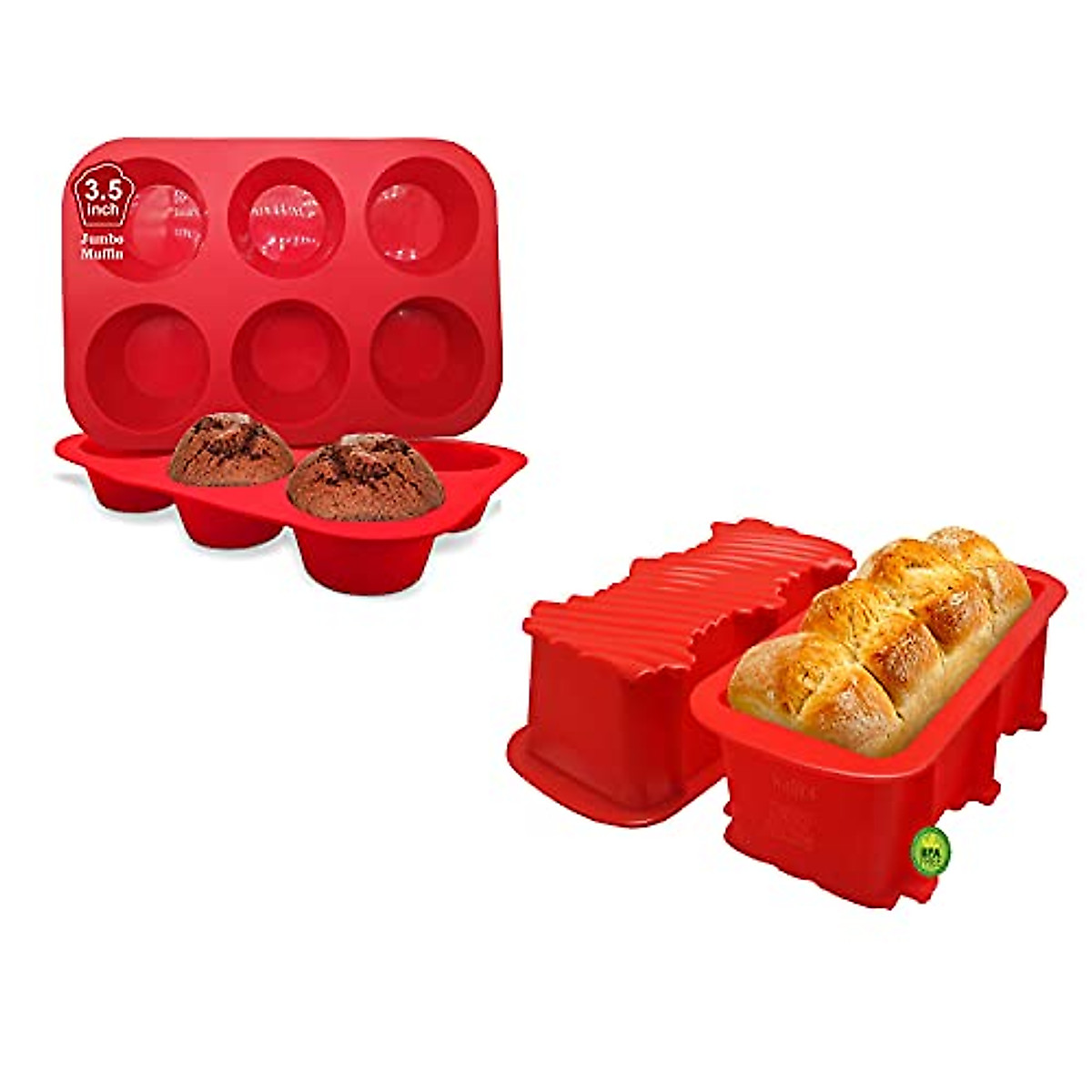 Walfos 2 Piece Silicone Loaf Pan Set and 2 Piece Silicone Texas Jumbo Muffin Pan Set- Non-Stick Silicone, Just PoP Out ! Food Grade and BPA Free !