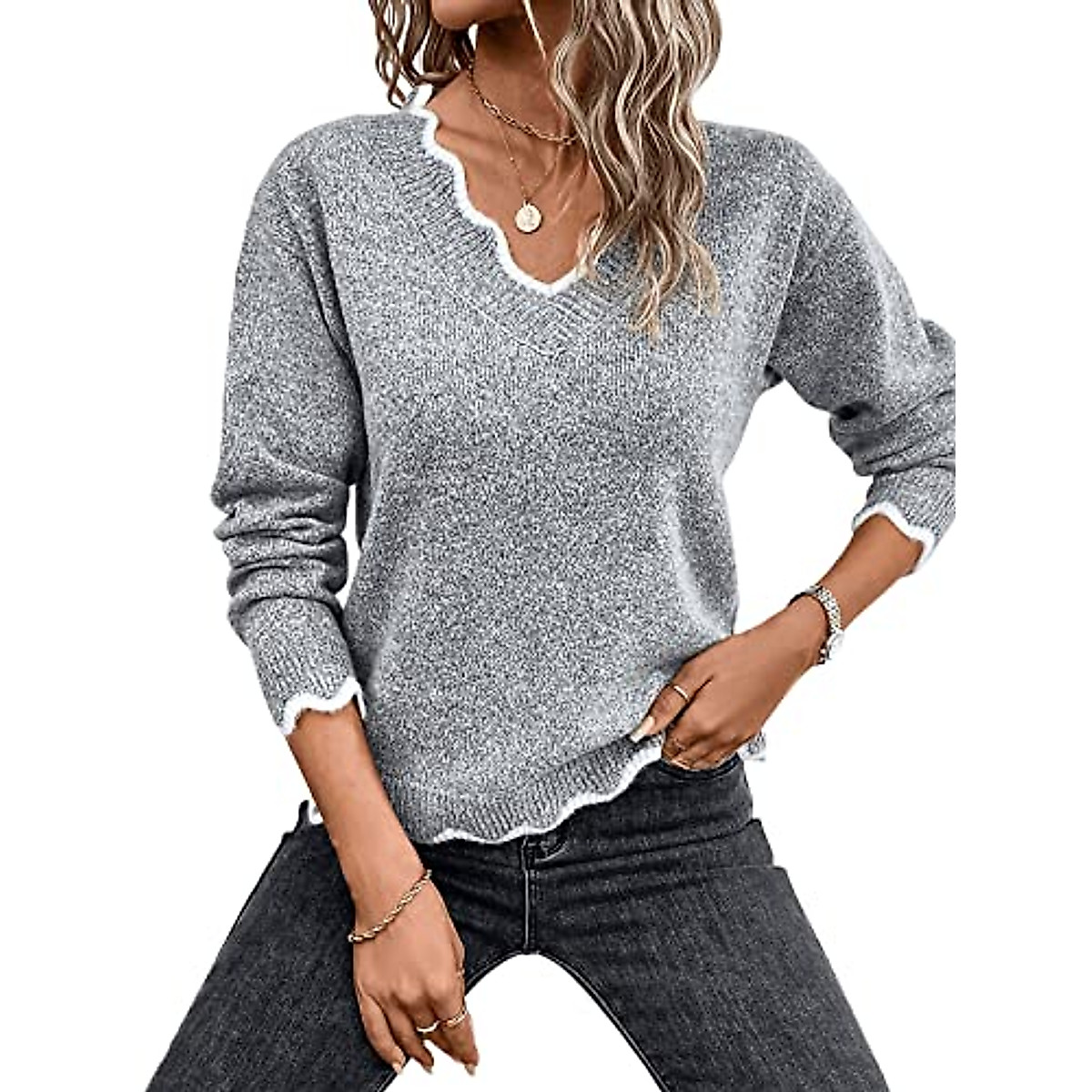 SweatyRocks Women's Long Sleeve V Neck Ribbed Knit Top Scallop Trim Drop Shoulder Pullover Sweater Light Grey M