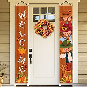 AnyDesign Scarecrow Welcome Hanging Banner Fall Thanksgiving Autumn Harvest Porch Sign Cute Cartoon Scarecrow Front Door Sign for Indoor Outdoor Home Wall Decoration, 12 x 72 Inch