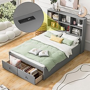 CITYLIGHT Full Size Bed Frame with Bookcase Headboard and 2 Drawers, Wood Full Size Platform Bed with Charging Station for Kids Teens Adults, No Box Spring Needed, Grey
