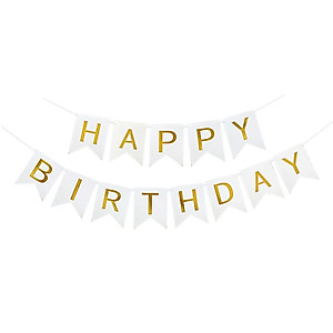 White Happy Birthday Banner With Shiny Gold Letters, Swallowtail Design Hanging Signs Party Decorations