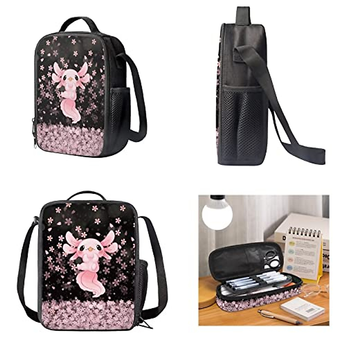 Glomenade Pink Axolotl Sakura School Backpacks Back to School Cherry Blossom Shoulder Bookbags Lightweight Casual Travel Daypack Picnic Bag Portable Schoolbags Pencil Pen Case