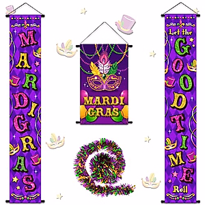Mardi Gras Decorations, Mardi Gras Hanging Backdrop Banner, New Orleans Themed Party Welcome Porch Sign, 16.4 FT Mardi Gras Glittering Tinsel Garland, Carnival Party Wall Decor for Parade Masquerade