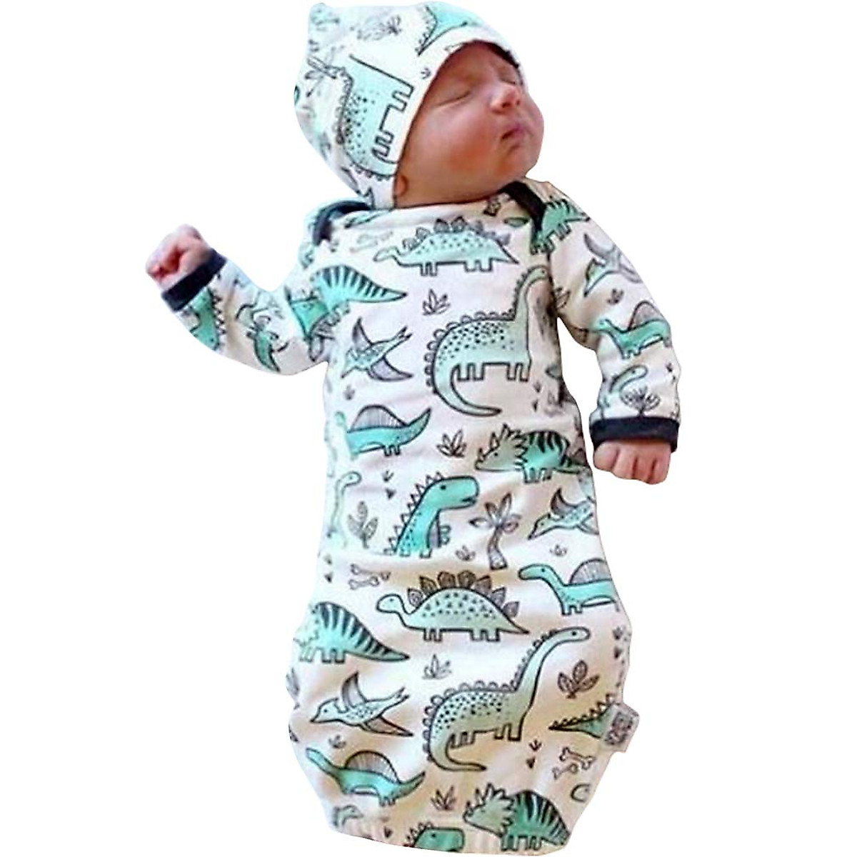 Unisex Baby Wearable Blanket with Hat Cap Cotton Sleeping Bag 2 Pcs Long Sleeve Nightgowns (Dinosaur, 0-6M)