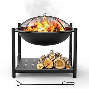 SereneLife Portable Outdoor Wood Fire Pit - 2-in-1 Steel BBQ Grill 26" Wood Burning Fire Pit Bowl w/ Mesh Spark Screen, Cover Log Grate, Wood Fire Poker for Camping, Picnic, Bonfire SLCARFP54.5