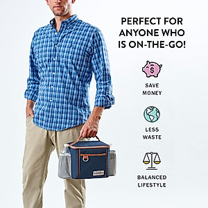 Fit & Fresh Foundry, Promenade Adult Insulated Lunch Bag with Side Pouches, Complete Lunch Kit Includes Matching Container, Navy