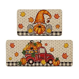 Artoid Mode Polka Dot Gnome Truck Pumpkin Fall Kitchen Mats Set of 2, Maple Leaf Home Decor Low-Profile Kitchen Rugs for Floor - 17x29 and 17x47 Inch