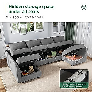 HONBAY Reversible Sectional Modular Couch with Ottoman U Shaped Storage Oversized Sectional Sleeper Sofa with Wide Chaise for Living Room, Grey