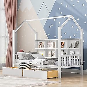 P PURLOVE Twin Size Daybed with Storage Drawers,Kid House Bed Frame with Storage Shelf and Roof for Kids,Girls,Twin Wood Montessori FloorBed with Roof and Fence for Girls, Boys,White