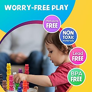 Skoolzy Rainbow Stacking Bears with Matching Sorting Cups 69 Piece Set, 60 Bear counters, Scissor Tongs, Rainbow Cups, Storage Bag, Sorting dice Game
