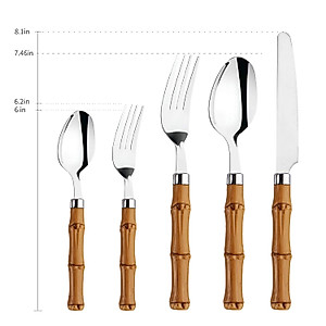Bamboo Silverware set, Hoften Bamboo Utensils Set for 4, 20 Piece Bamboo Flatware Set, Great for Outdoor, Daily Use and Party, 20 Piece Stainless Steel Silverware Set Service for 4, Dishwasher Safe
