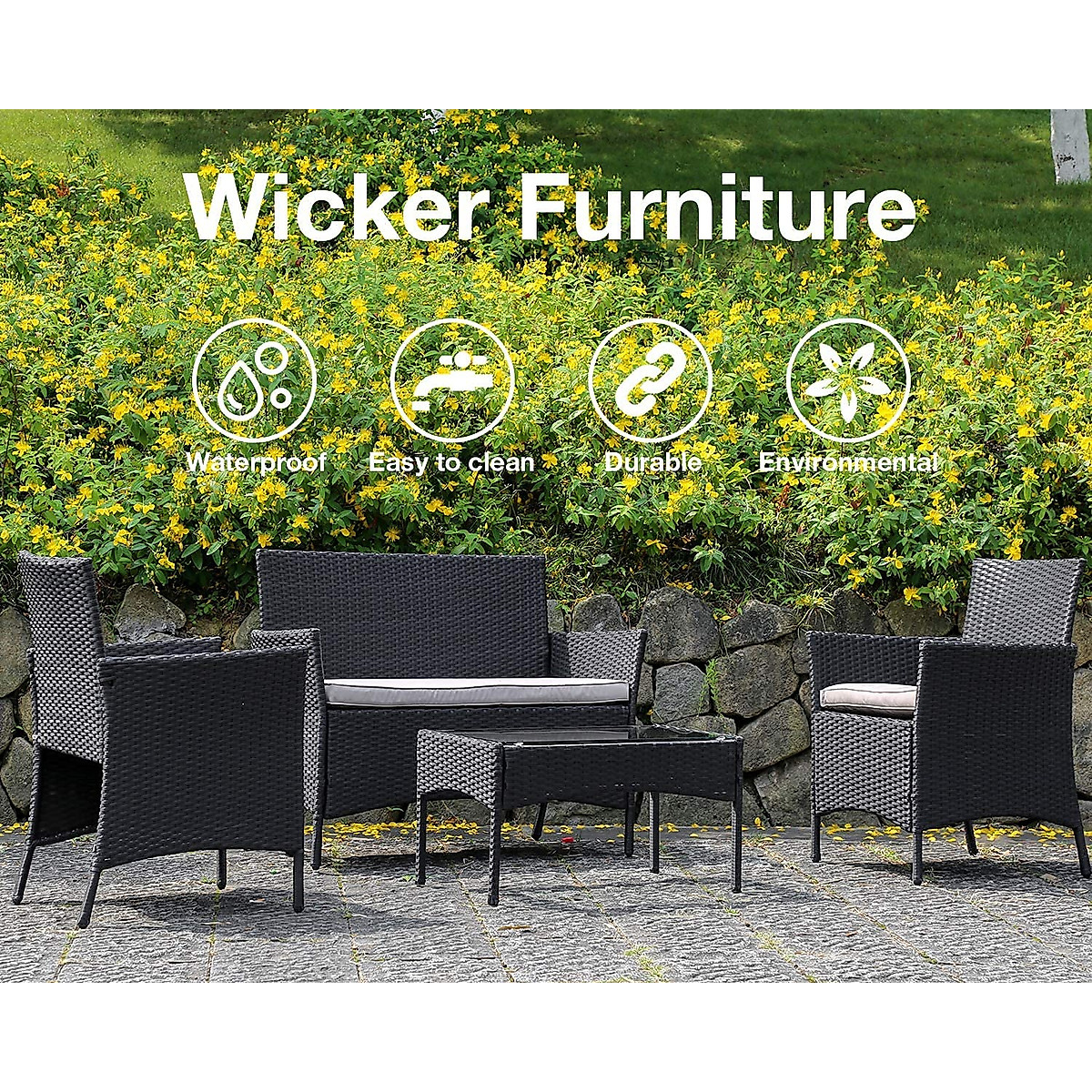 Outdoor Patio Furniture Sets 4 Pieces Patio Set Rattan Chair Wicker Sofa Conversation Set Patio Chair for Backyard Lawn Porch Poolside Balcony Garden Furniture Sets with Coffee Table (Black)