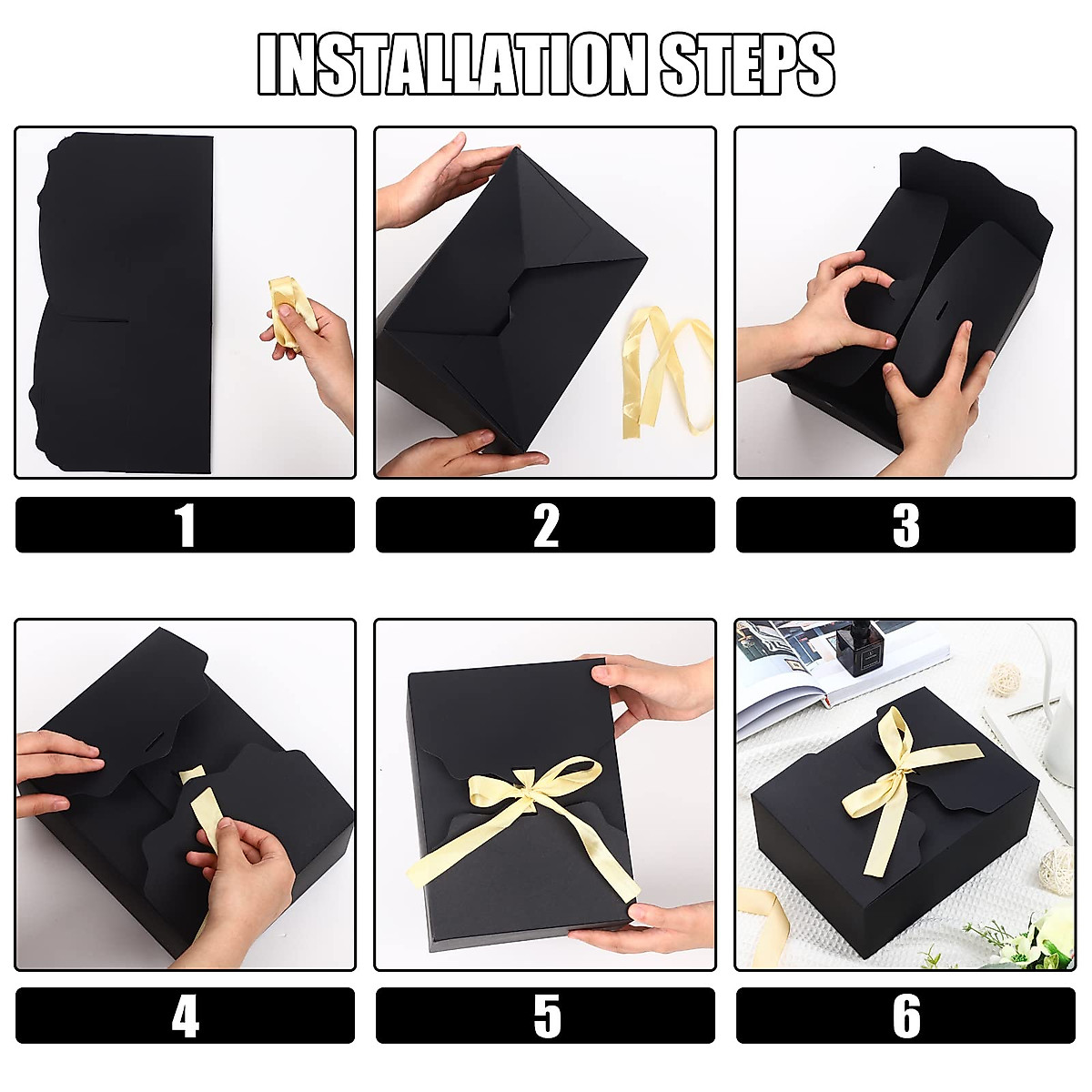 10 Pcs Gift Boxes with Lids Black Gift Boxes Bridesmaid Proposal Box Paper Cardboard Gift Box with Ribbon Gift Wrap Boxes for Wedding Birthday Party Packaging Present Crafting (9.5 x 7 x 4 Inches)