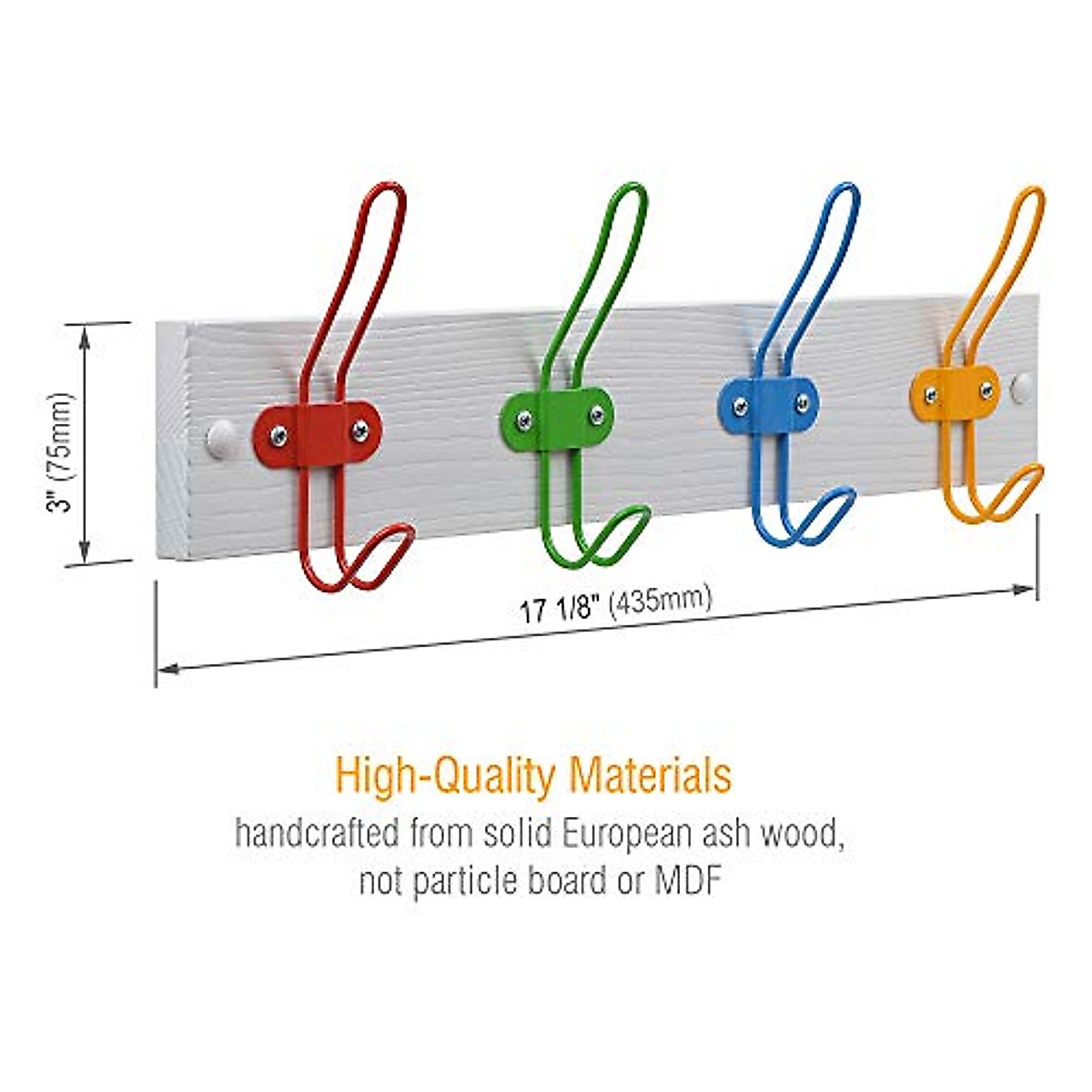 Tibres - Kids Coat Hook Rack for Boys and Girls for Jackets Clothes Hats Backpacks Robes and Towels - Kids Hanger for Use in Nursery Bedroom and Bathroom - Safe Colorful Wire Hooks and White Rail