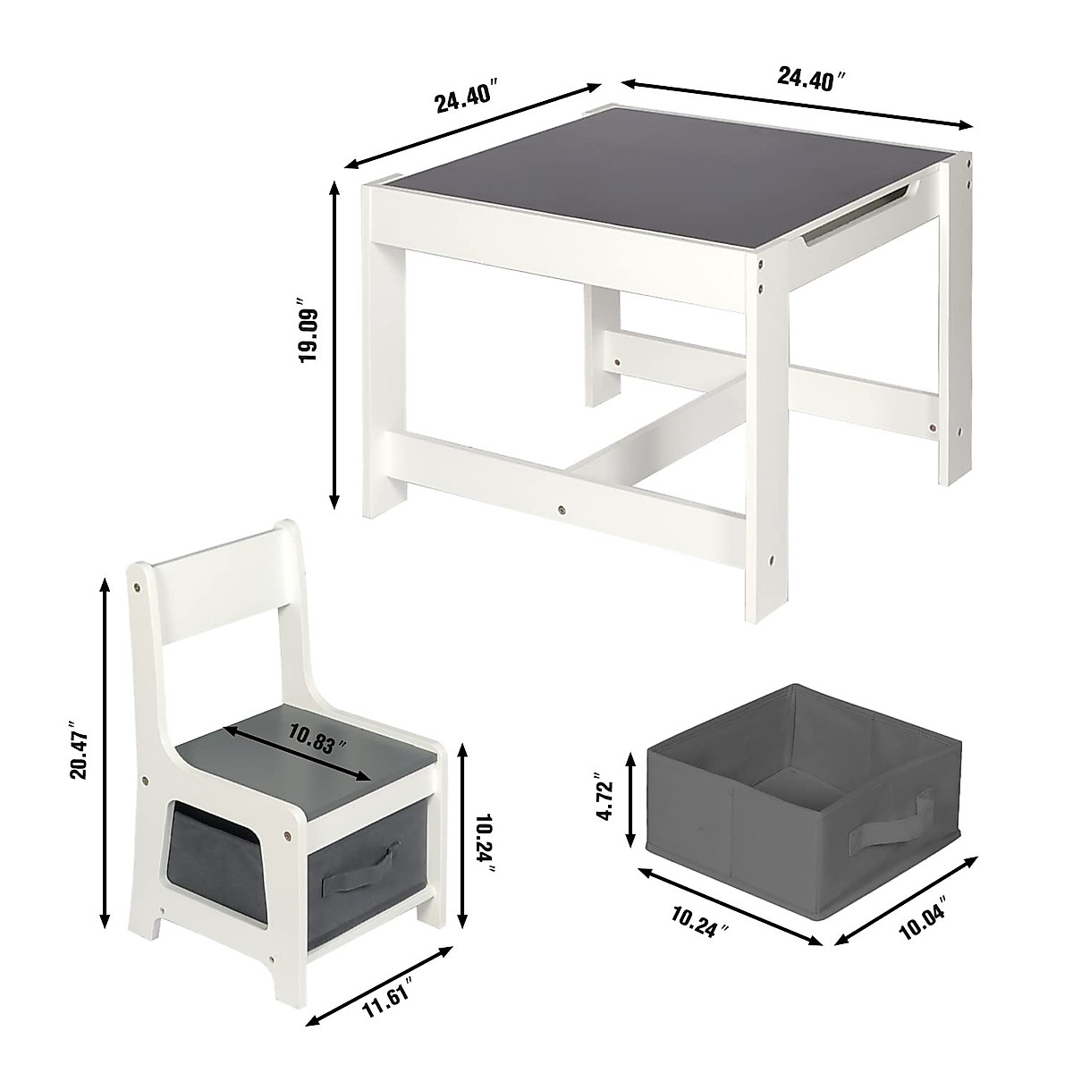 3 in 1 Kids Wood Table and 2 Chairs Set ,Multi Activity Table and Chair with Storage Children Play Desk for Building Blocks Reading Drawing Art Playroom (Gray)