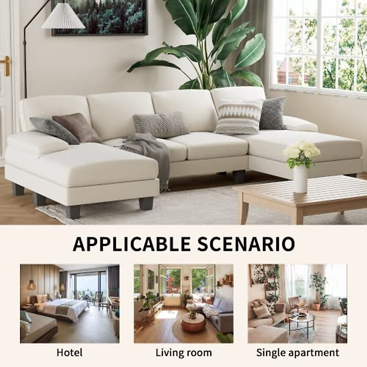 Flamaker Convertible Sectional Sofa Couch, Modern Fabric U-Shaped Living Room Furniture Set, 4-Seat Sectional Sleeper Sofa with Double Chaise & Memory Foam (White)