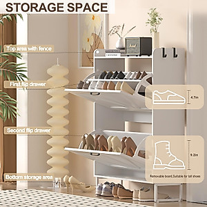Urban Deco Wooden Shoe Storage Cabinet for Entryway, Organizer Shoe Cabinet with 2 Flip Drawers, Elegant 2 Tier Freestanding Shoe Organizer (White)