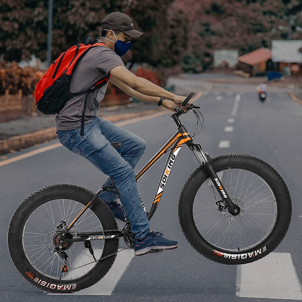 Fat Tire Mountain Bike, 26'' 21 Speed Outdoor Folding Snow Beach Hybrid MTB Racing Bikes for Adult Women Men, Comfort Complete Cruiser Bicycle, Foldable City Commuter Road Cycling (B), 94x88x38cm