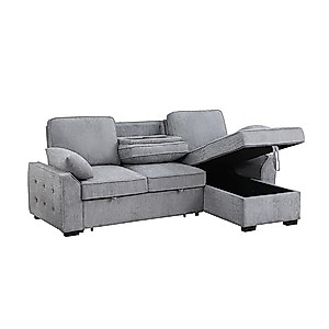 Lilola Home Mackenzie Light Gray Chenille Fabric Sleeper Sectional with Right-Facing Storage Chaise, Drop-Down Table, Cup Holders and Charging Ports