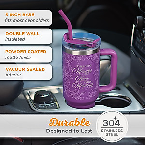 Christian Art Gifts Extra Large Inspirational Scripture Engraved Insulated Stainless Steel Travel Tumbler for Women: Mercies Are New Twist Dial Lid, Reusable Straw & Silicone Tip, Purple Floral, 40 oz