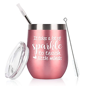 Lifecapido Teacher's Day Gifts, It Takes A Lot of Sparkle to Teach Stainless Steel Wine Tumbler, Birthday Appreciation Teachers Day Thank You Gift for Teacher Tutor Professor Women(12oz, Rose Gold)