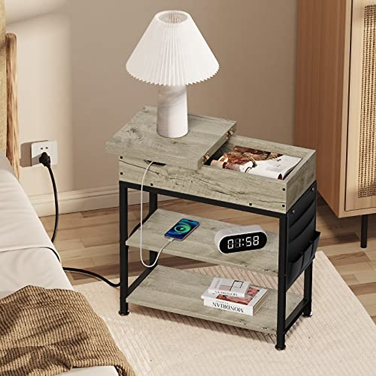SJIE End Table with Charging Station, Narrow Flip Top Side Table with USB Ports and Outlets,Nightstand for Living Room,Bedroom and Small Spaces,Grey