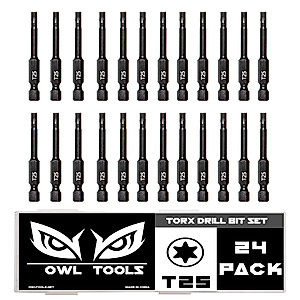 T25 Torx Bits (24 Pack - 2 Inch Impact Grade) 6 Point Torx Star Bit with Hex Shank - Hardened CRM Steel Alloy - Case Included