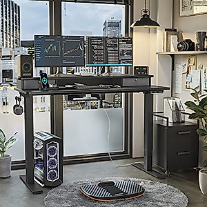 FEZIBO 48 x 24 Inch Height Adjustable Electric Standing Desk with Double Drawer, Stand Up Desk with Storage Shelf, Sit Stand Desk, Light Rustic/Black Frame