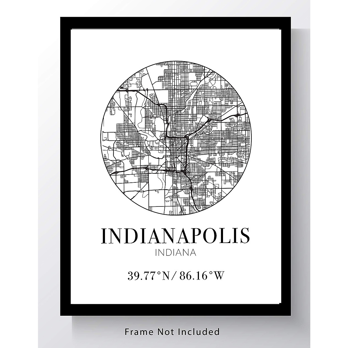 Indianapolis IN City Street Map Wall Art - 11x14 UNFRAMED Modern Abstract Black & White Aerial View Decor Print with Coordinates. Makes a great Indiana -Themed Gift.