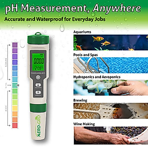 AERO-GRO Digital 5-in-1 Meter: 5 Functions: pH, TDS, EC, Salinity%, Salinity ppm, and Temp, IP67 Waterproof, Pen-Type Tester for Hydroponics, Water, Wine, Spas, Aquariums