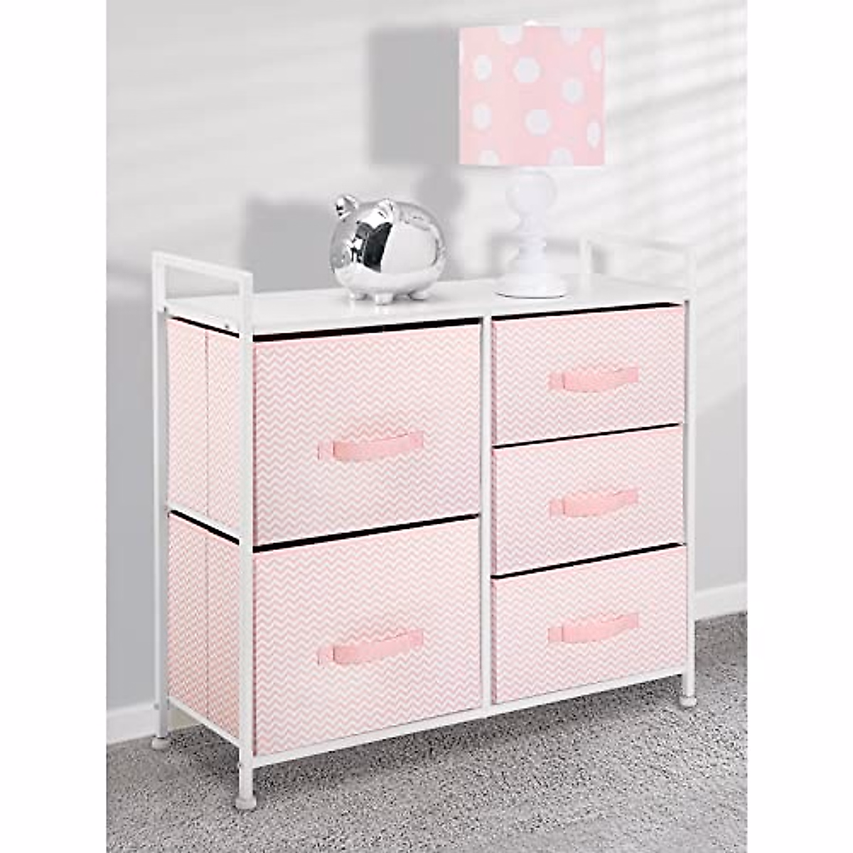 mDesign 30.03" High Steel Frame/Wood Top Storage Dresser Furniture Unit with 5 Removable Fabric Drawers - Tall Bureau Organizer for Bedroom, Living Room, Closet - Spira Collection - Pink/White