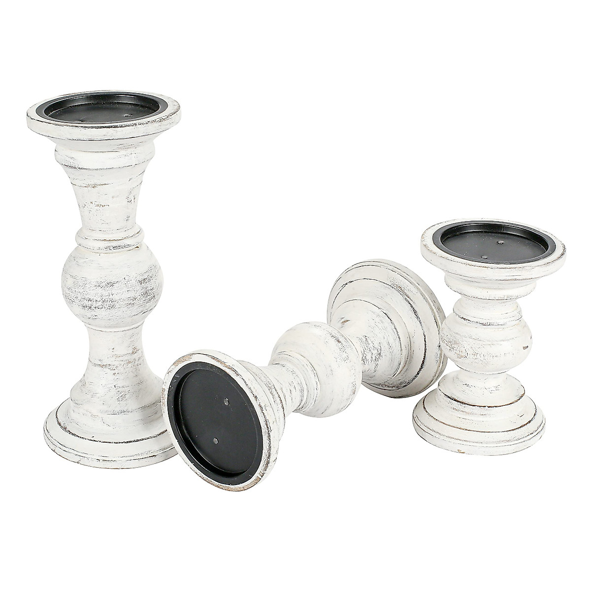 Candle Stands Wooden for Pillar Candles,Rounded Turned Colums, Sustainable Woods, Country Style, Ideal for Reiki, Aromatherapy, Votive Candle Gardens Home décor - 10,8,6 Inch Set of 3 - Antique White